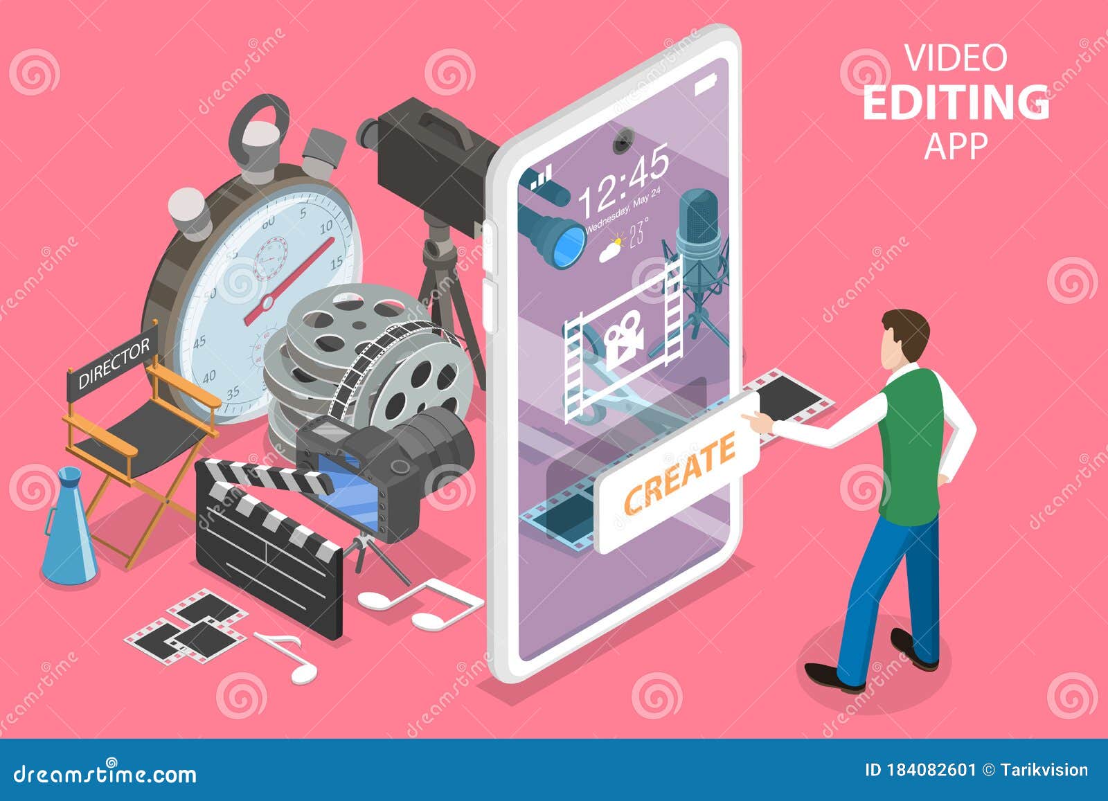 3D Isometric Flat Vector Concept of Mobile Video Editing App. Stock ...
