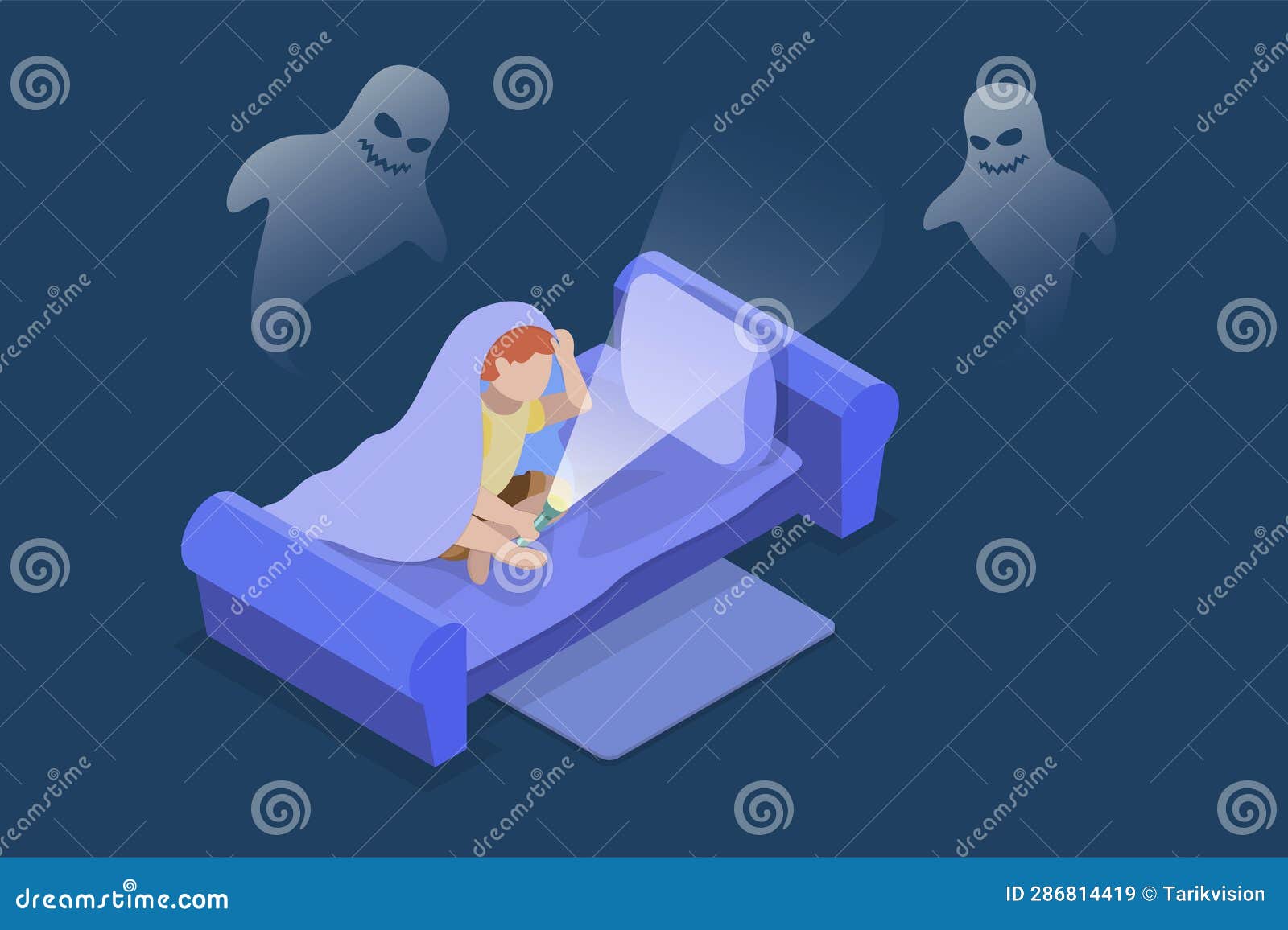 Children Nightmares. Scared Girls In Dark Room. Ghosts Flying Around ...