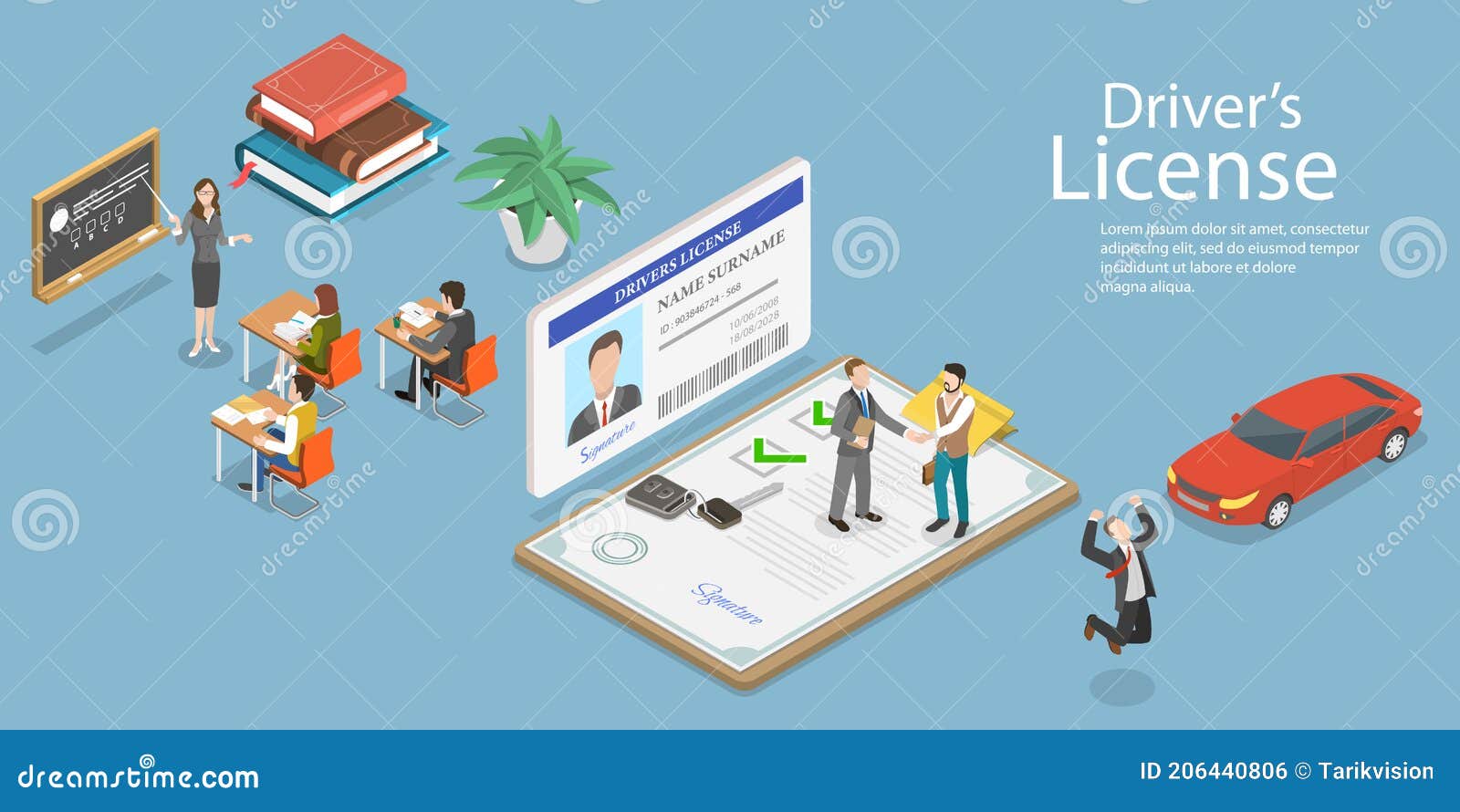 Getting Car Driving License At Auto School Set Stock Illustration ...