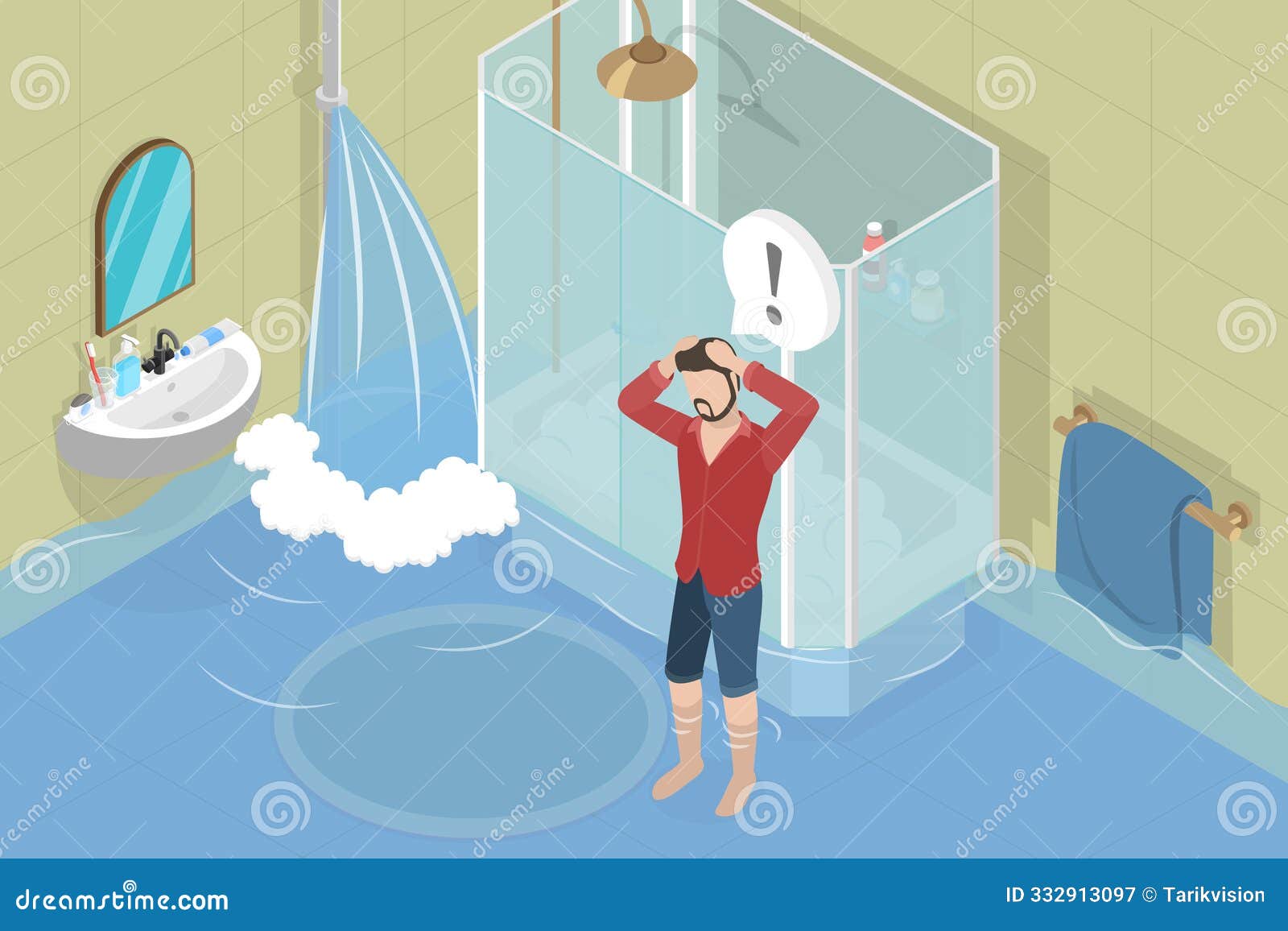 3D Isometric Flat Vector Illustration of Bathroom Flood Stock ...