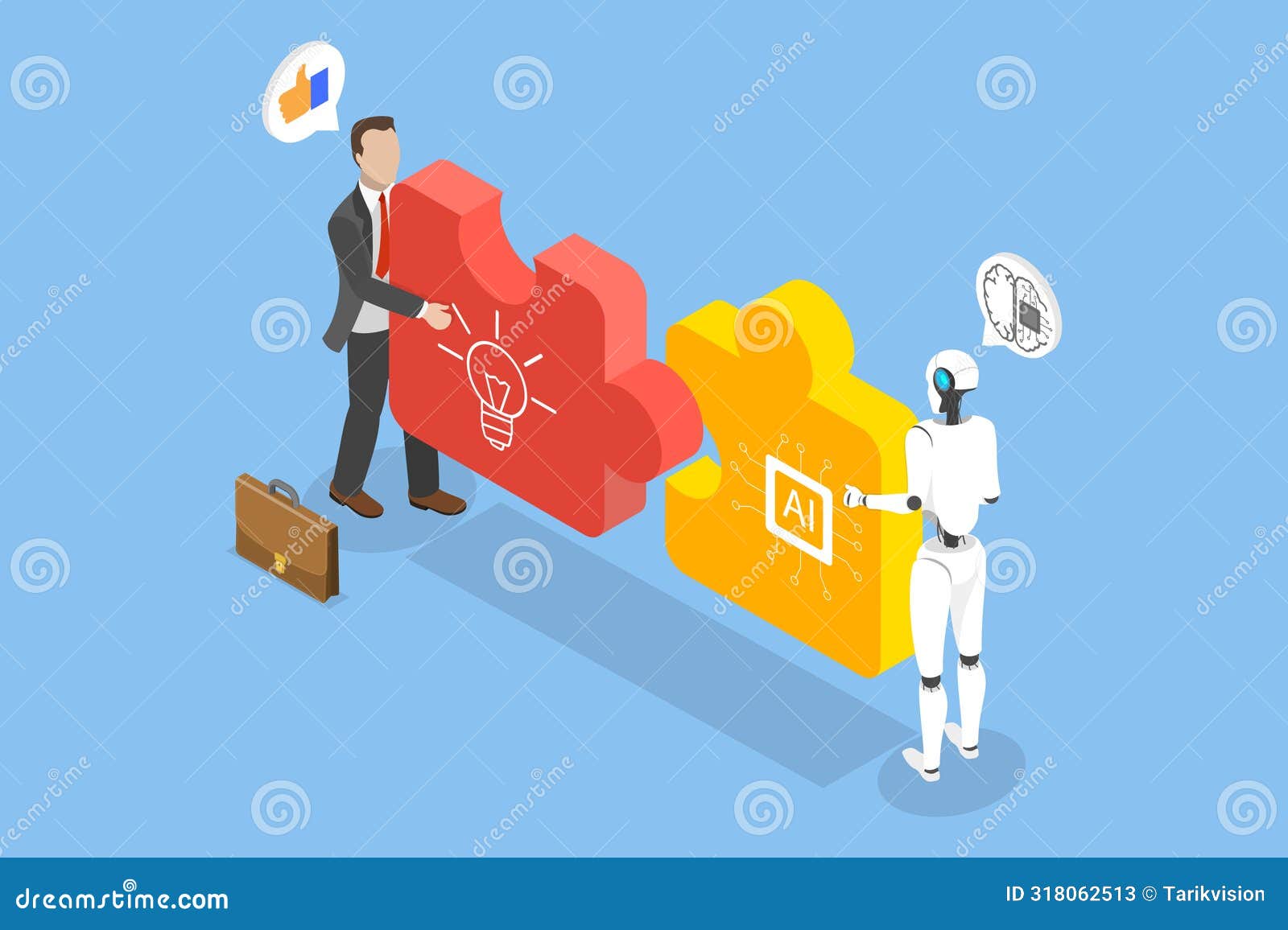3D Isometric Flat Vector Illustration of Human and AI Working Together ...