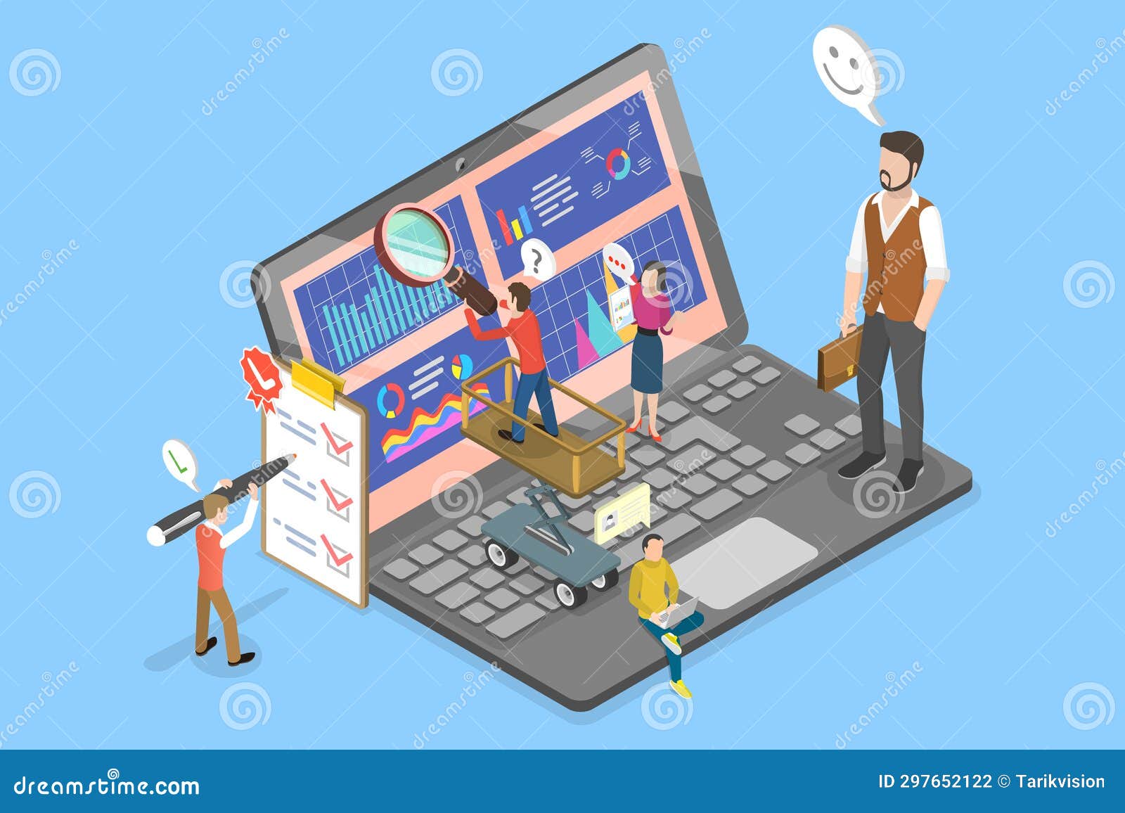 3D Isometric Flat Vector Illustration of KPI Data Report Dashboard ...