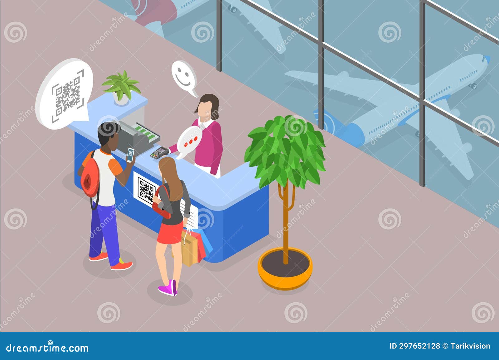 Qr Code Check-in, Scanning At Cinema Entrance, Vector Illustration ... Qr Code Check-in, Scanning At Cinema Entrance, Vector Illustration ...