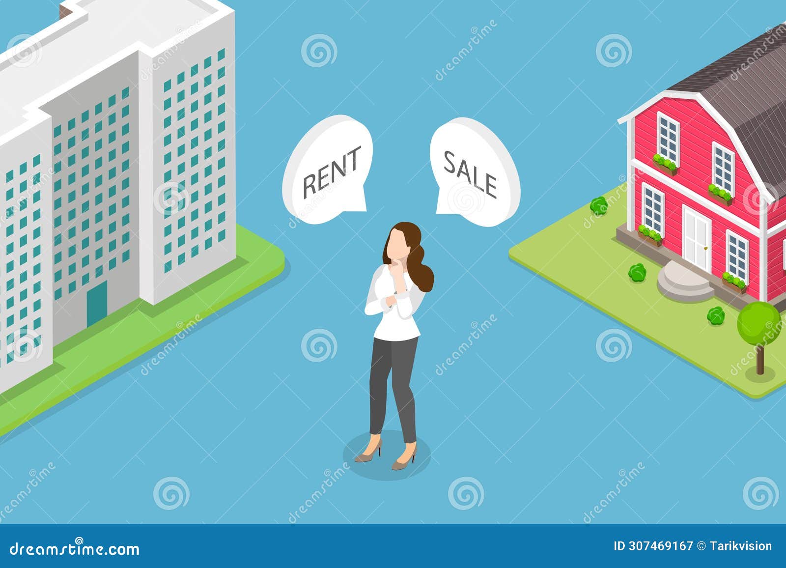3D Isometric Flat Vector Illustration of Rent Vs Sell Property Stock ...