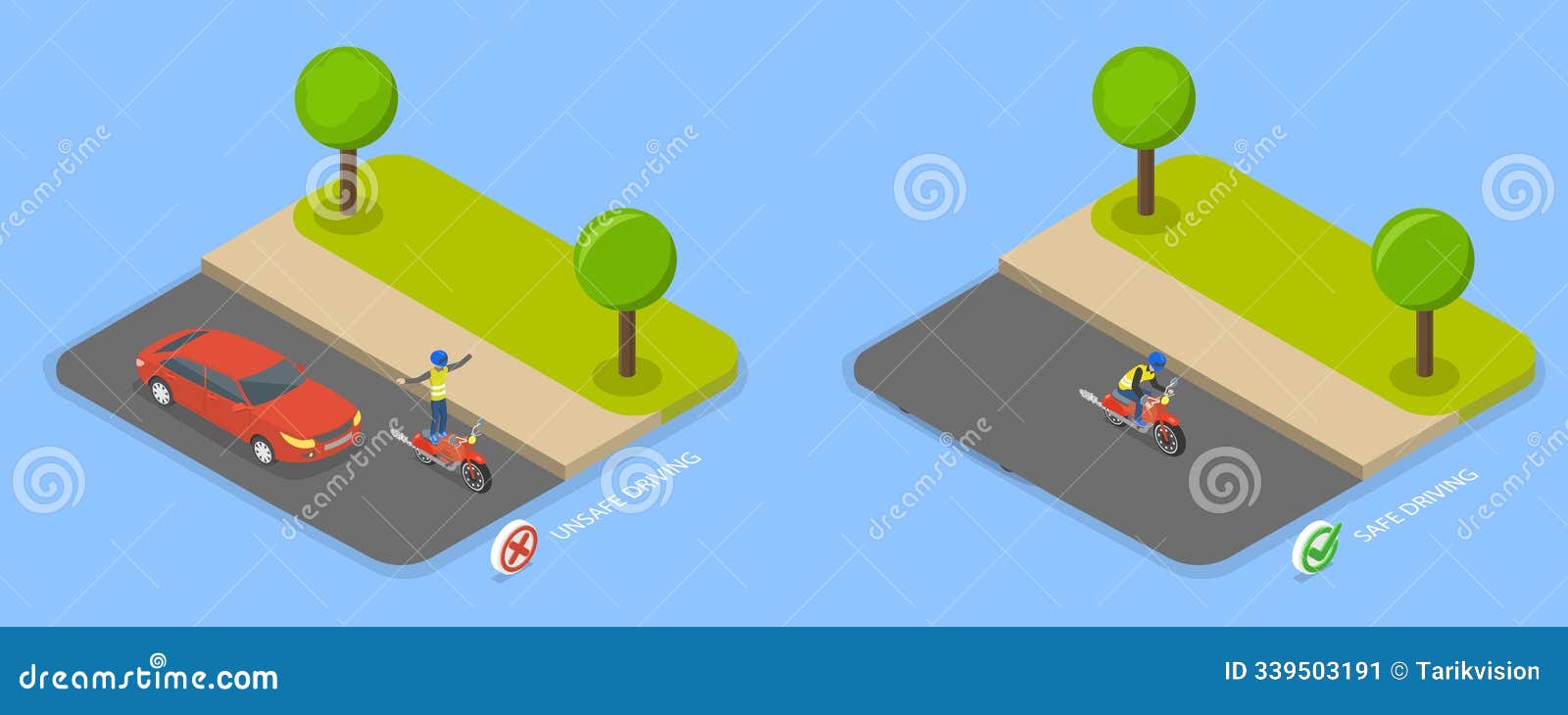 3D Isometric Flat Vector Illustration of Safe and Unsafe Motorcycle ...