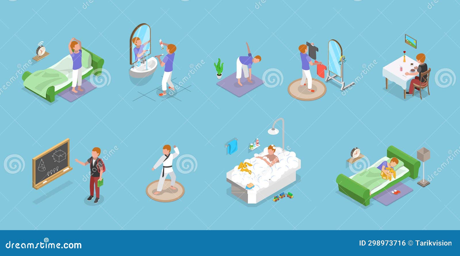 3D Isometric Flat Vector Illustration of Schoolchild daily Routine ...