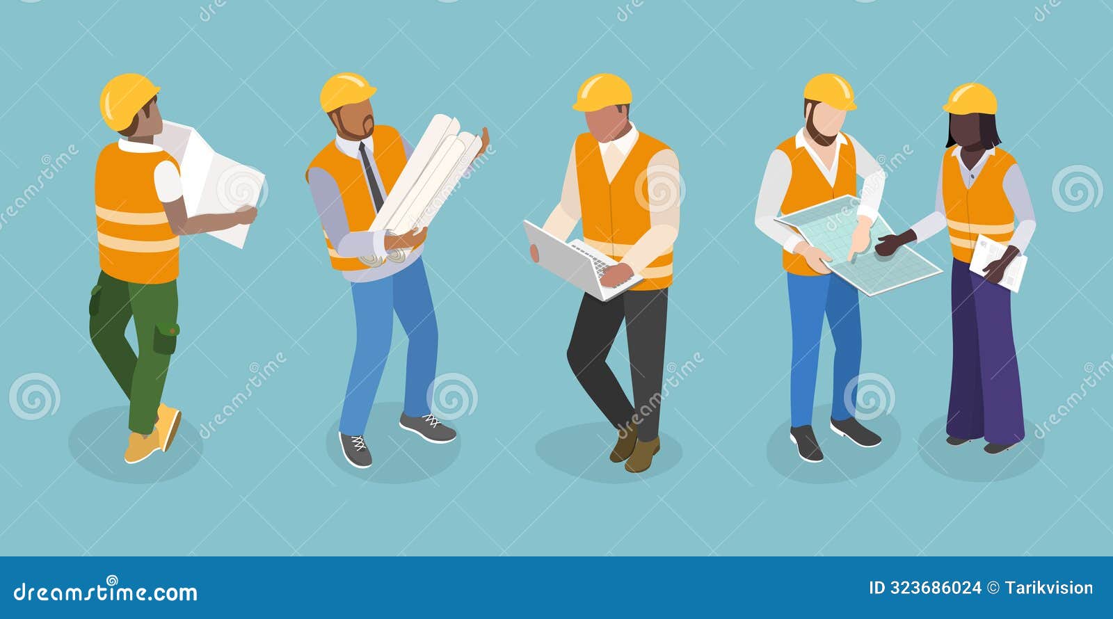 3D Isometric Flat Vector Illustration of Workers Construction Engineers ...