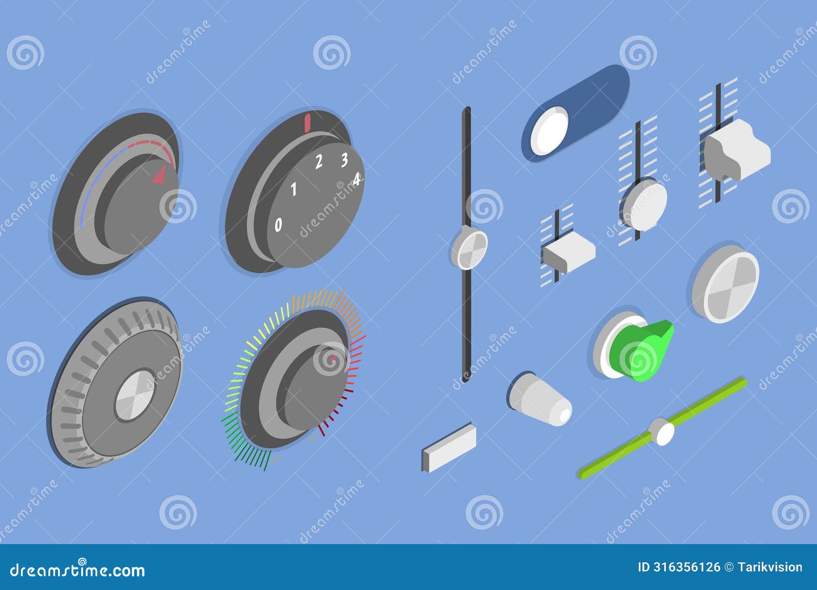 Audio Mixer Dials. Volume Adjustment Levels Metal Knobs And Slider ...