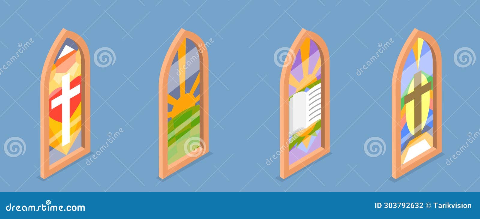 3D Isometric Flat Vector Set of Church Stained Arched Windows Stock ...