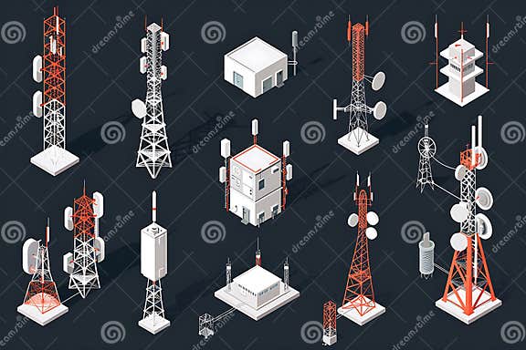 A 3D Isometric Flat Vector Set Featuring Various Telecom Towers ...