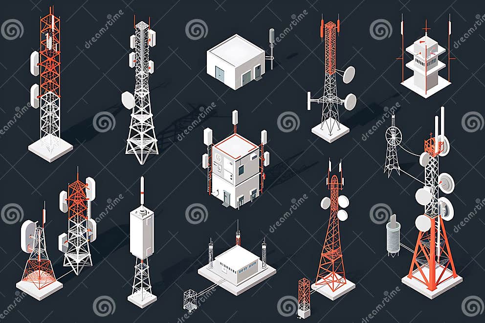 A 3D Isometric Flat Vector Set Featuring Various Telecom Towers ...