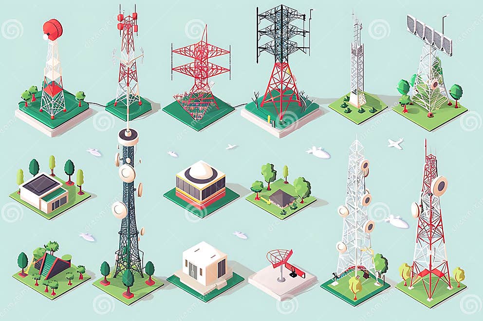 A 3D Isometric Flat Vector Set Featuring Various Telecom Towers ...