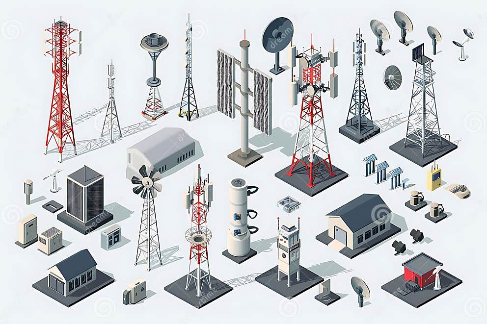 A 3D Isometric Flat Vector Set Featuring Various Telecom Towers ...