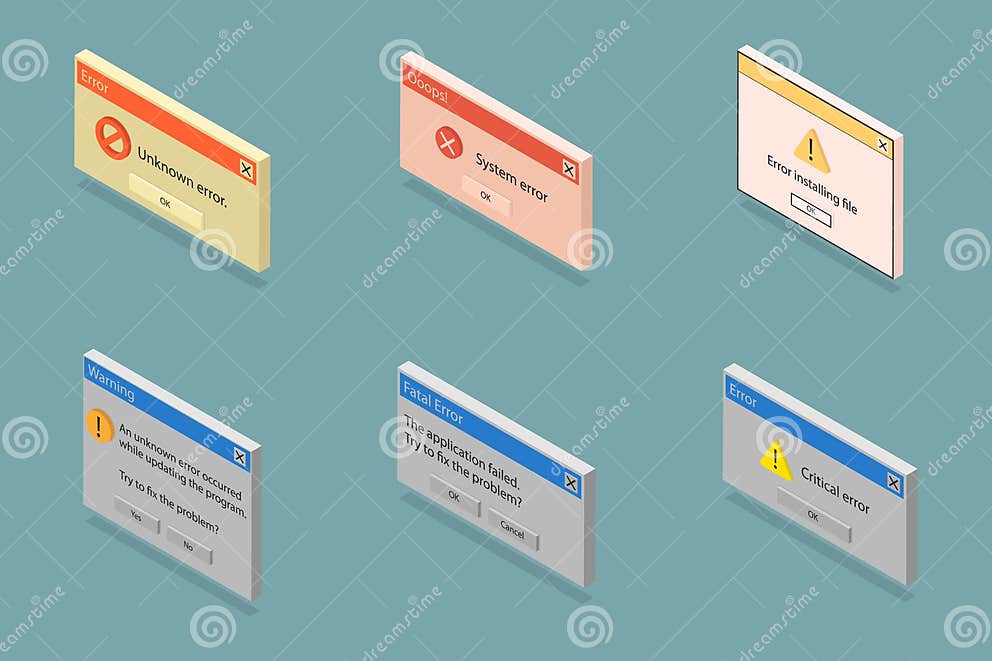 3D Isometric Flat Vector Set of Retro Error Messages Stock Vector ...