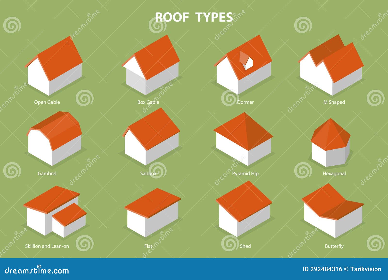 3D Isometric Flat Vector Set of Roof Types Stock Vector - Illustration ...