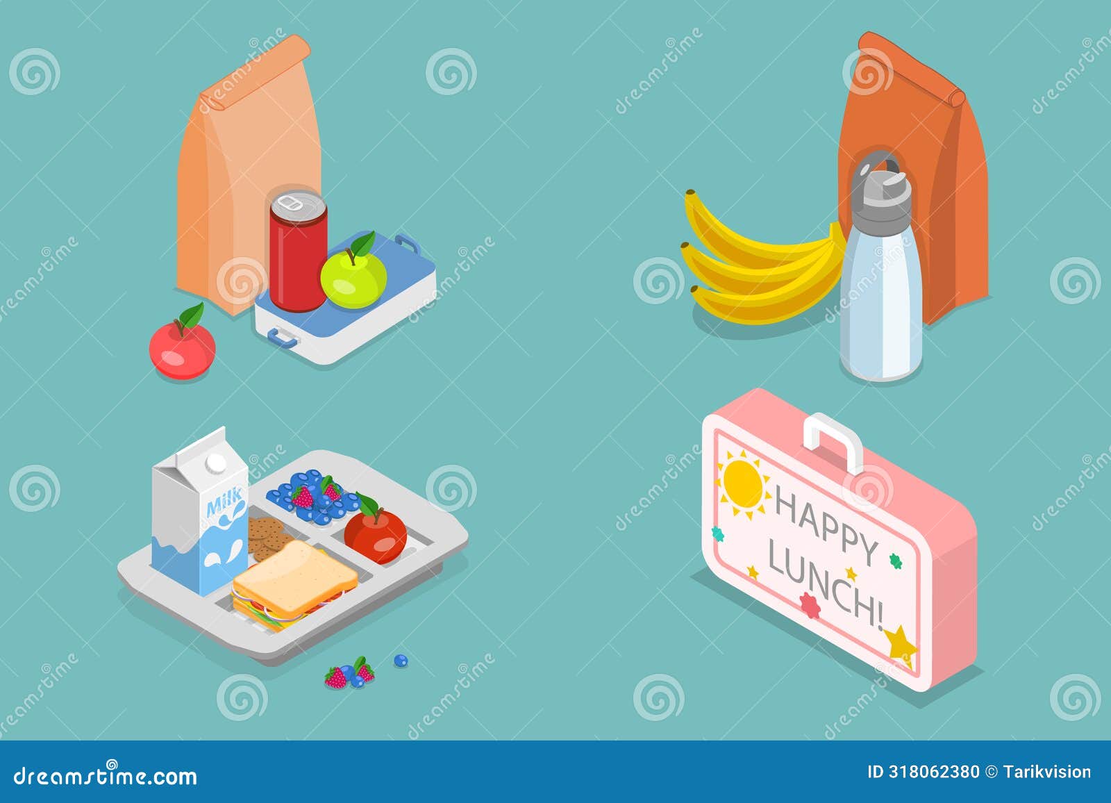 3D Isometric Flat Vector Set of School Lunch Boxes Stock Vector ...