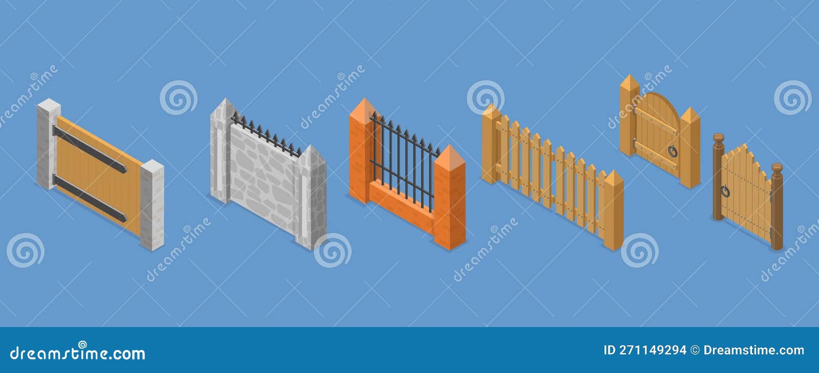 3D Isometric Flat Vector Set of Terrace Fences and Gates Stock Vector ...