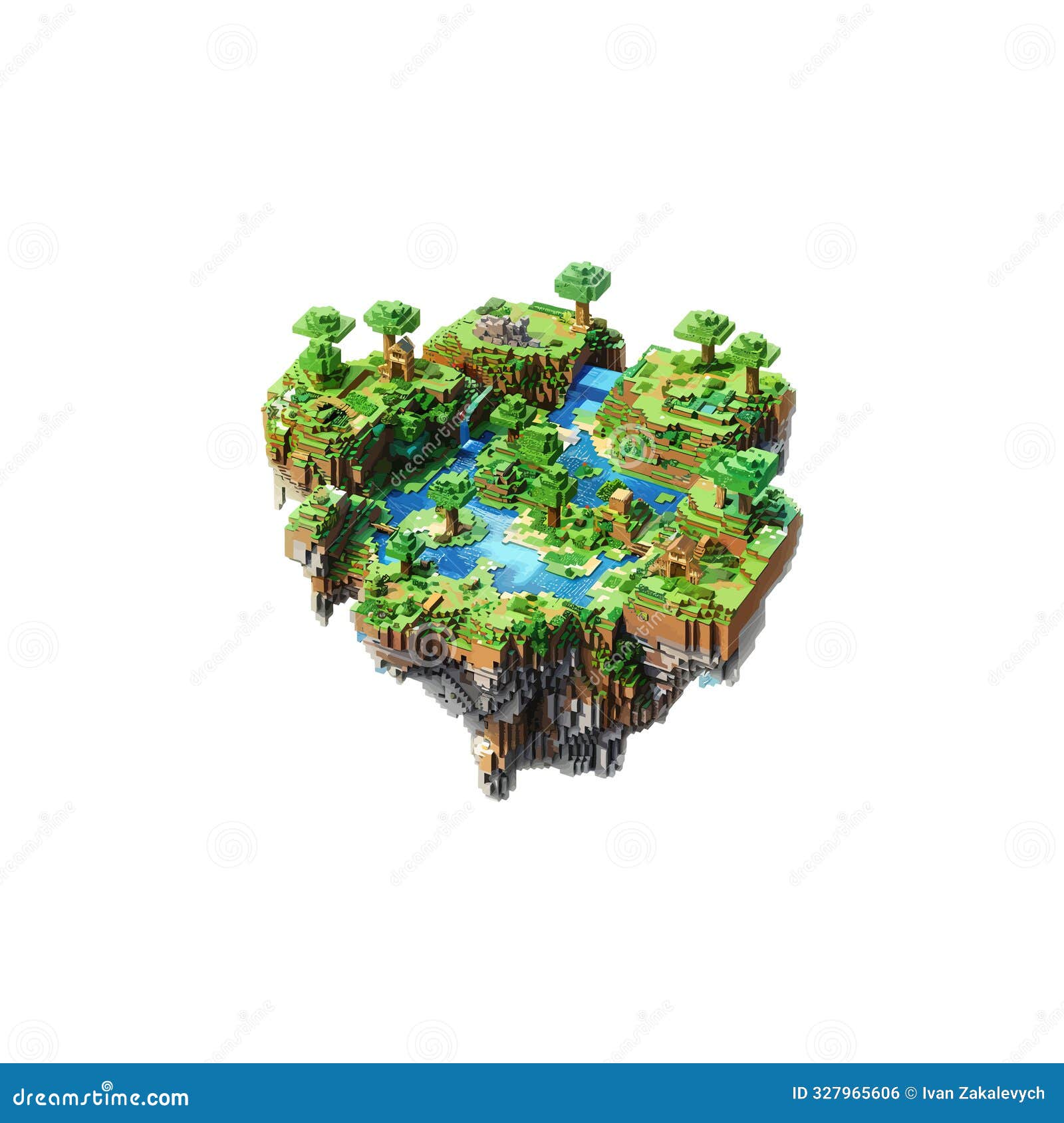 3D Isometric Floating Island with Lakes and Trees. Vector Illustration ...
