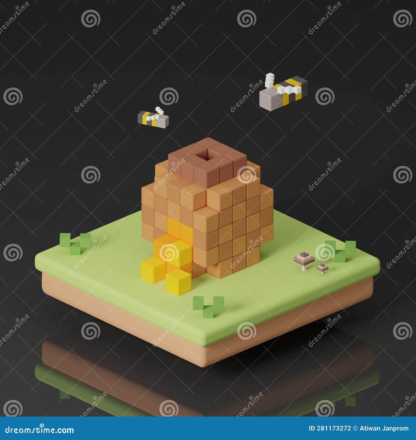 3D Isometric Honeycomb Pixel with Bee in Garden, Classic Game Stock ...