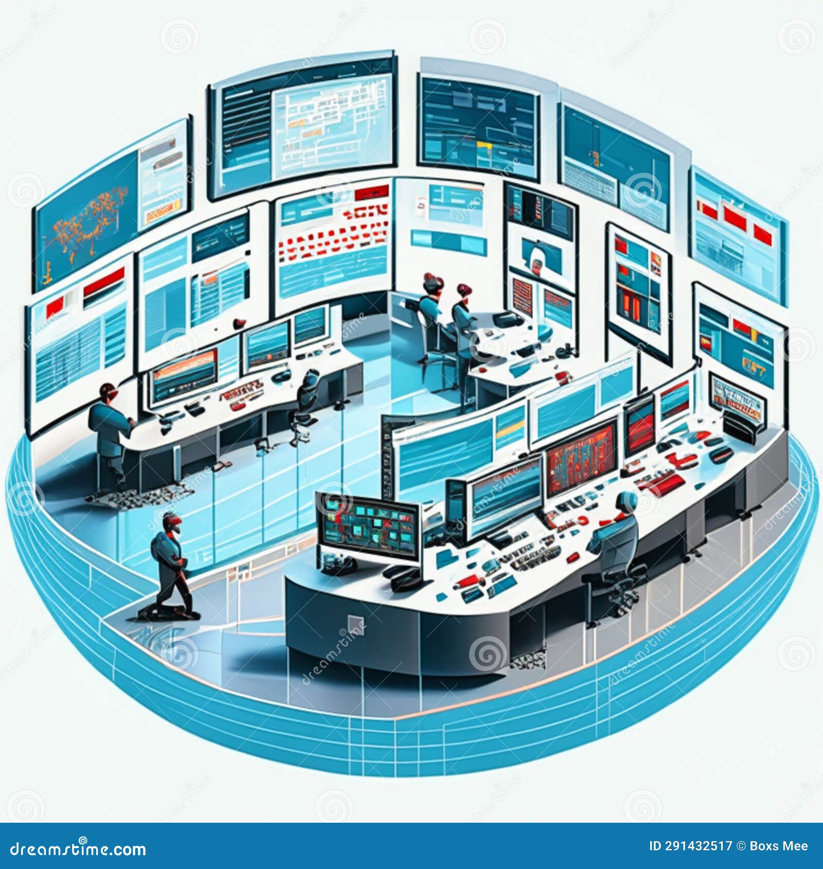 3d Isometric Illustration of a Control Room with Screens and Computers ...