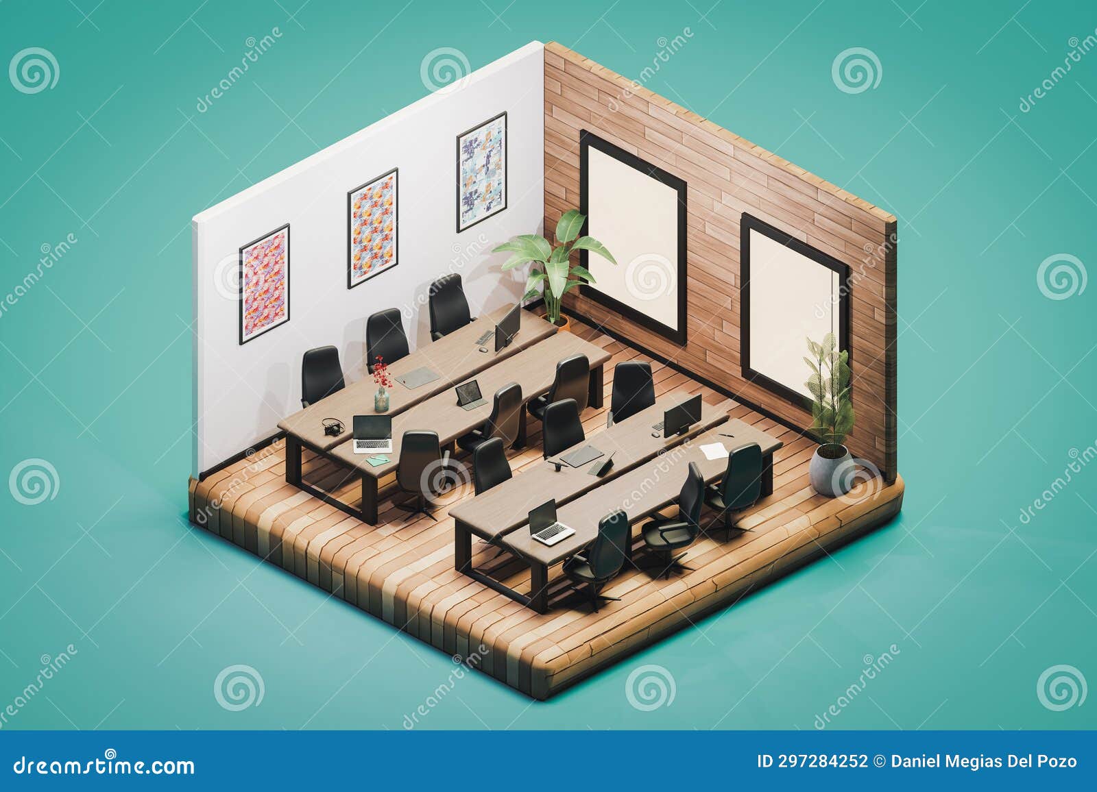 3D Isometric Low Poly Office Room with Many Workplace in Modern ...