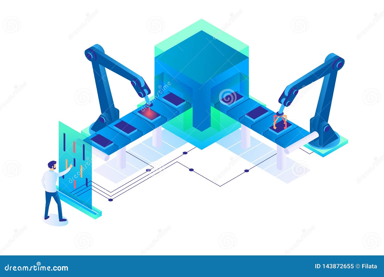 3d Isometric Man at Work with Semi Automatic Production. Stock Vector ...
