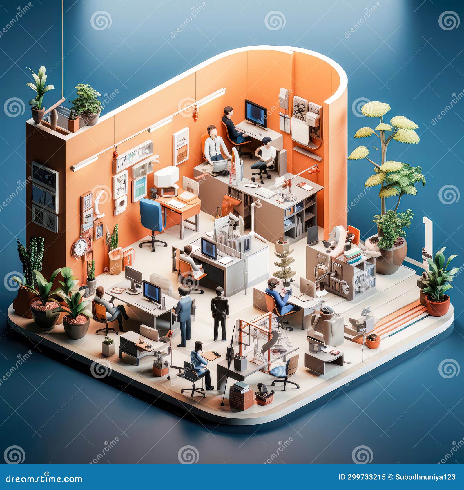 A 3D Isometric Office, with People Working at Their Desks, Taking ...