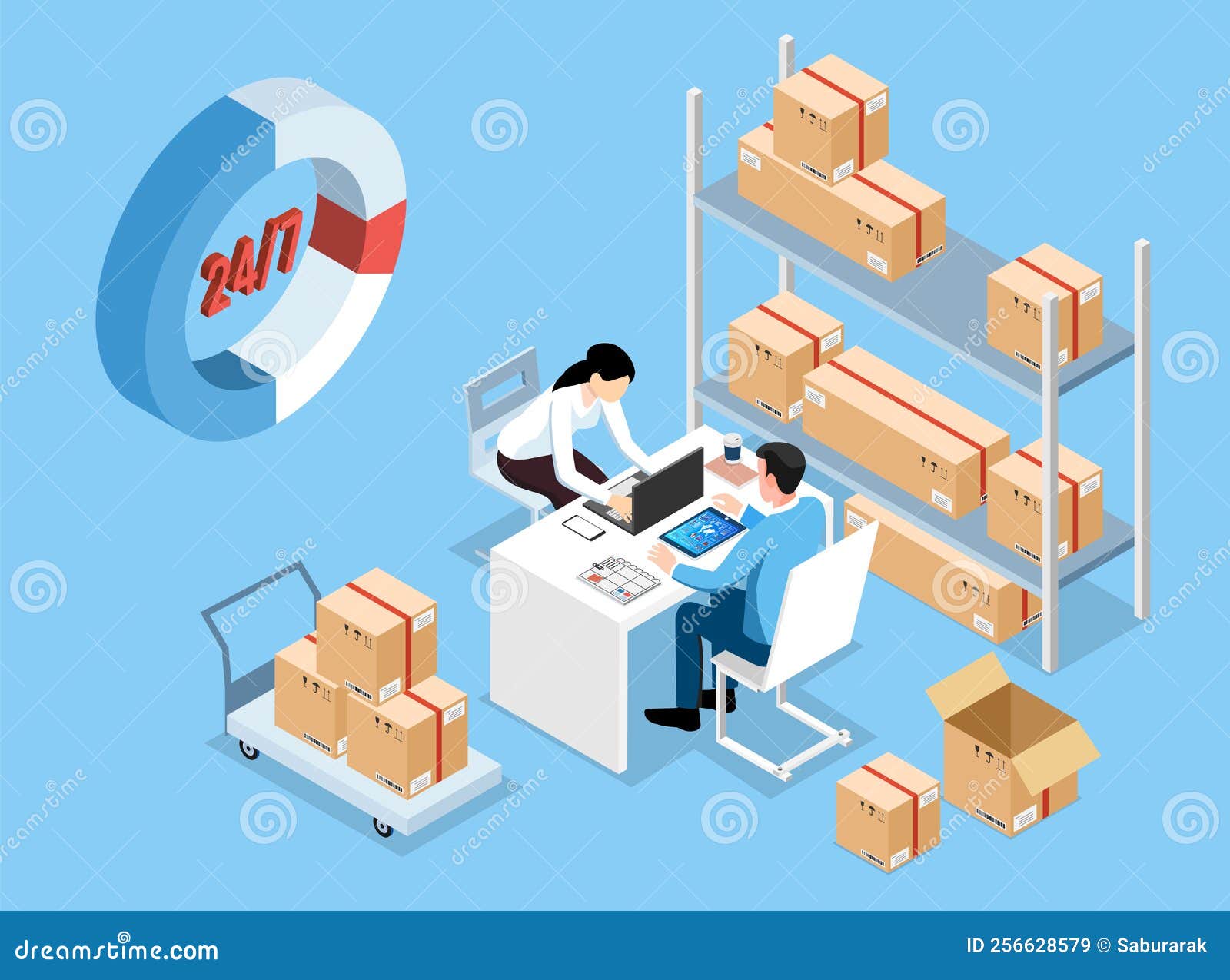 3D Isometric Online Delivery Concept With A Man And A Woman Decide The ... 3D Isometric Online Delivery Concept With A Man And A Woman Decide The ...