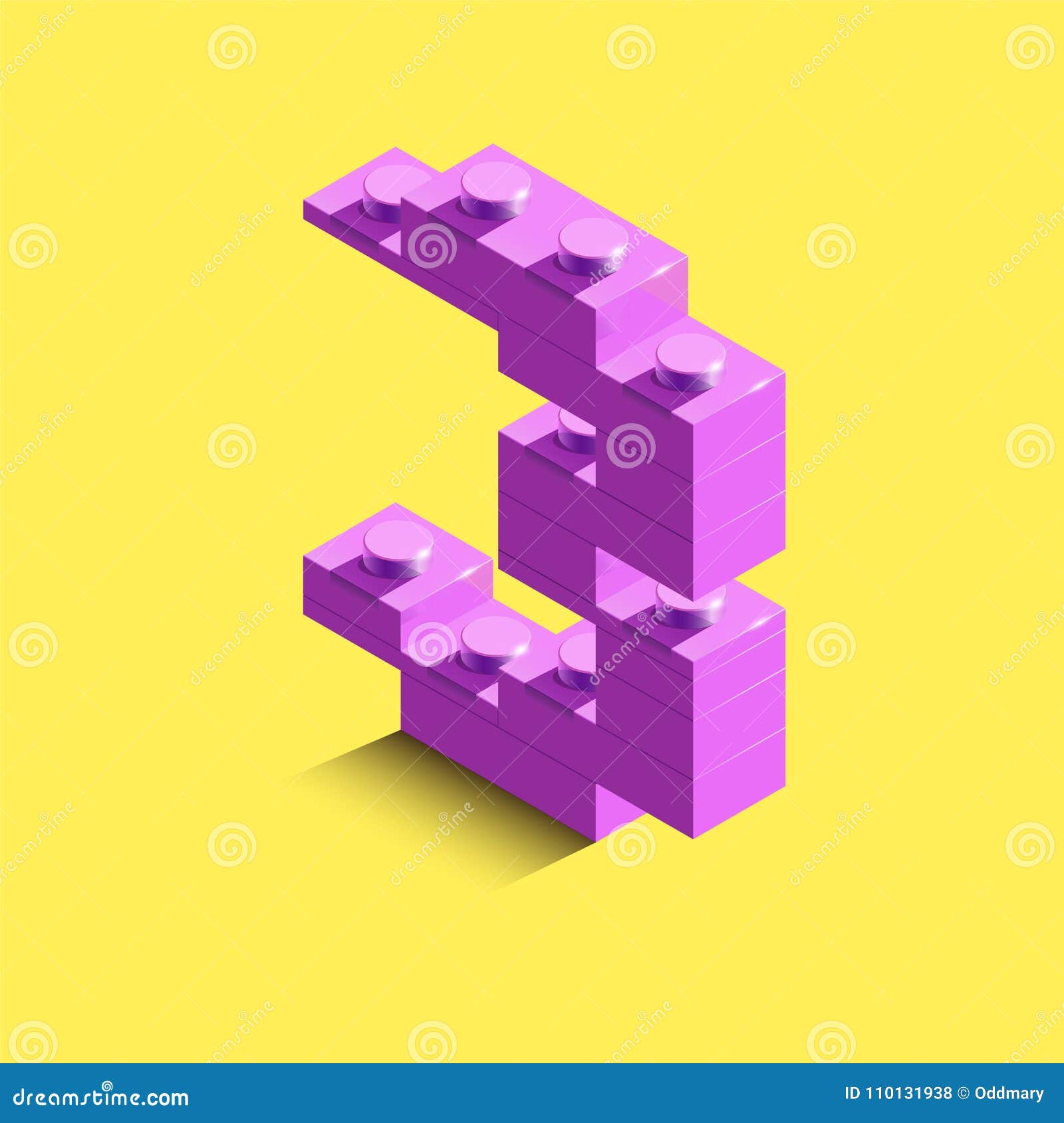 3d Isometric Pink Number Three from Lego Brick on Yellow Background. 3d ...