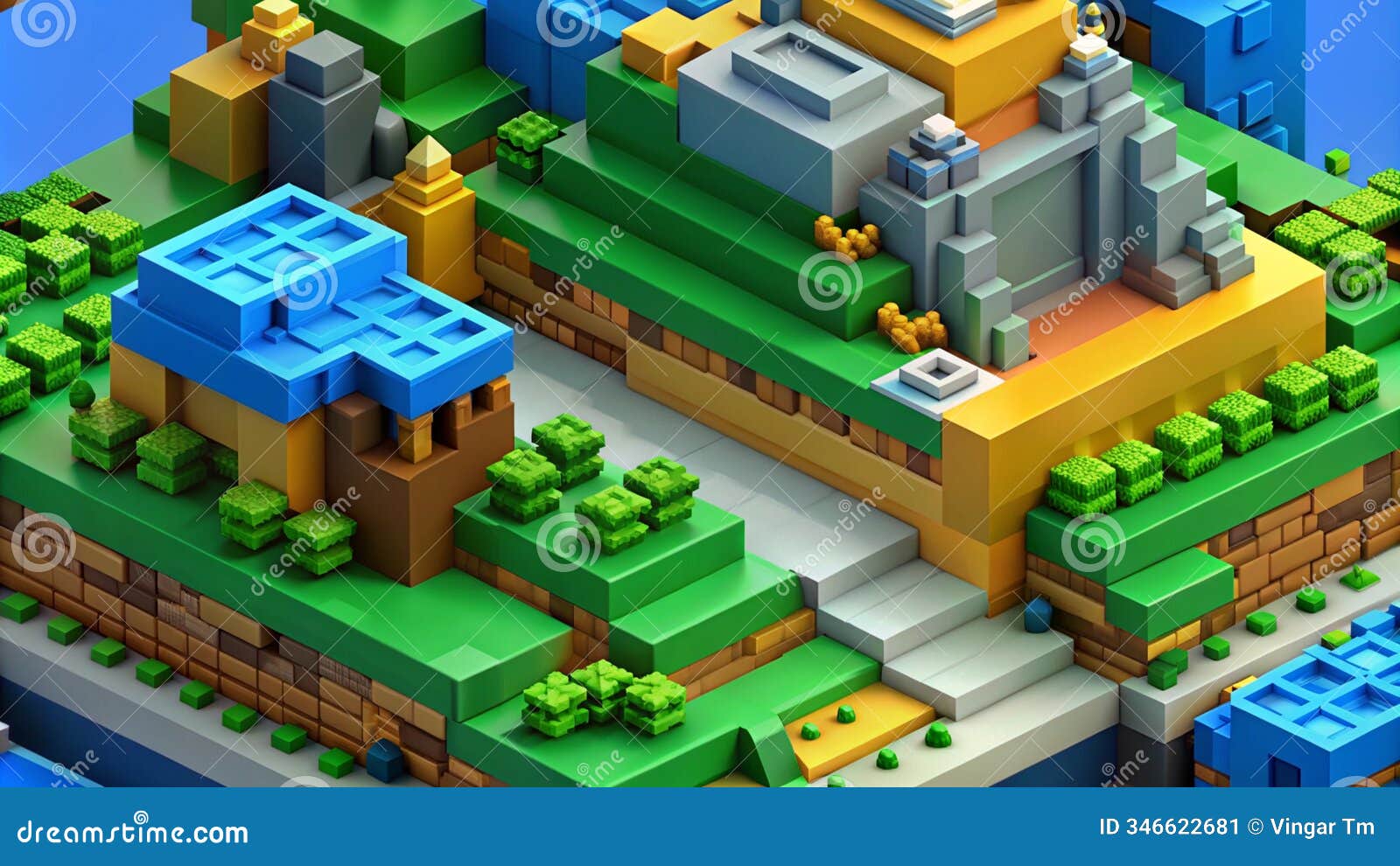 A 3D Isometric Pixel Art Landscape with a Blue Building, Green Grass ...