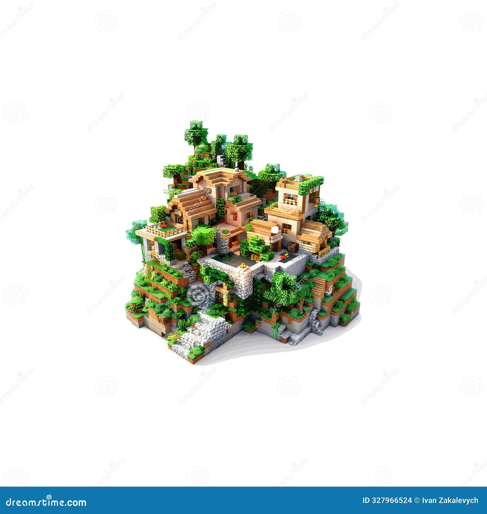 3D Isometric Pixel Art Village on Hill. Vector Illustration Design ...