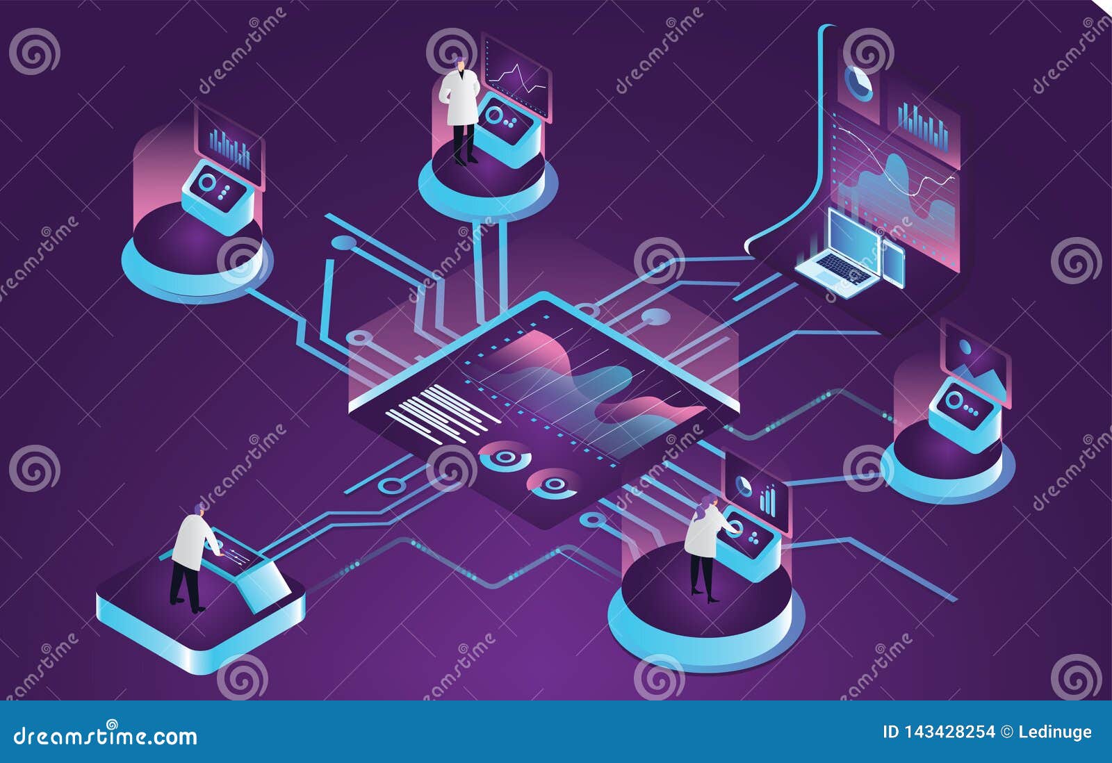 3d Isometric Scientist Analyzing and Processing Data Statistics with ...