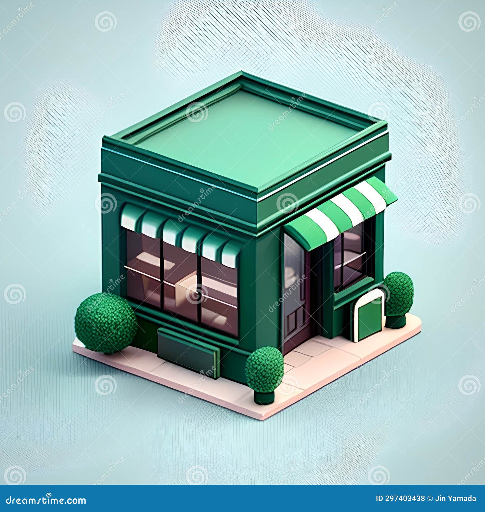 3d Isometric Shop Building with Green Trees on a Blue Background Stock ...