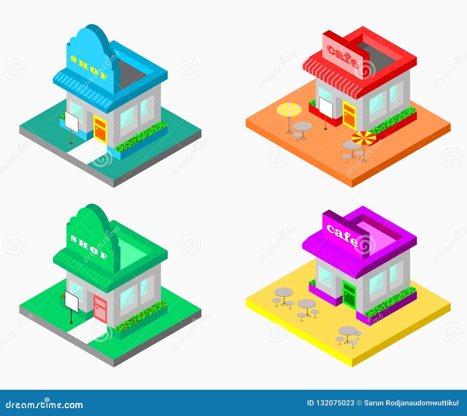 3d isometric shop and cafe stock vector. Illustration of icon - 132075023
