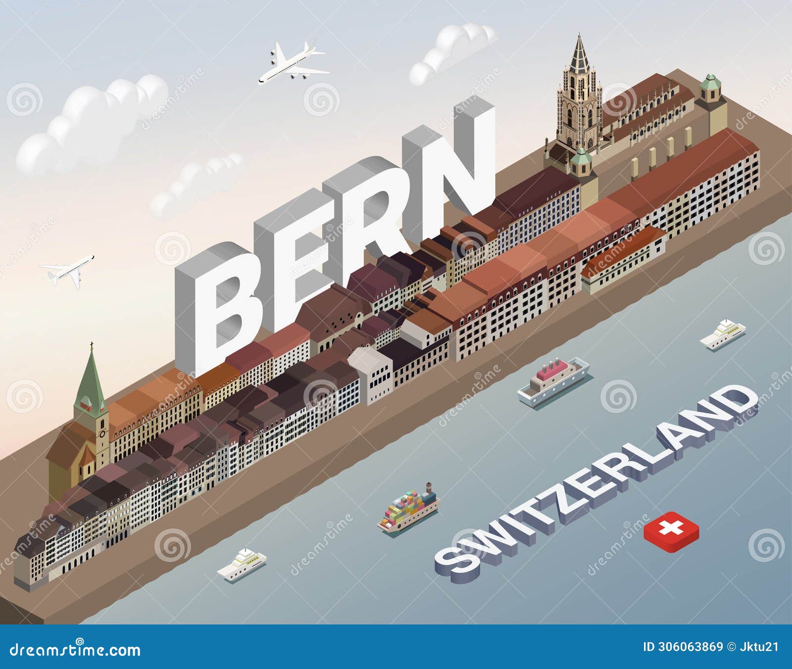 Old City Of Bern View Sketch. Switzerland. Cartoon Vector ...