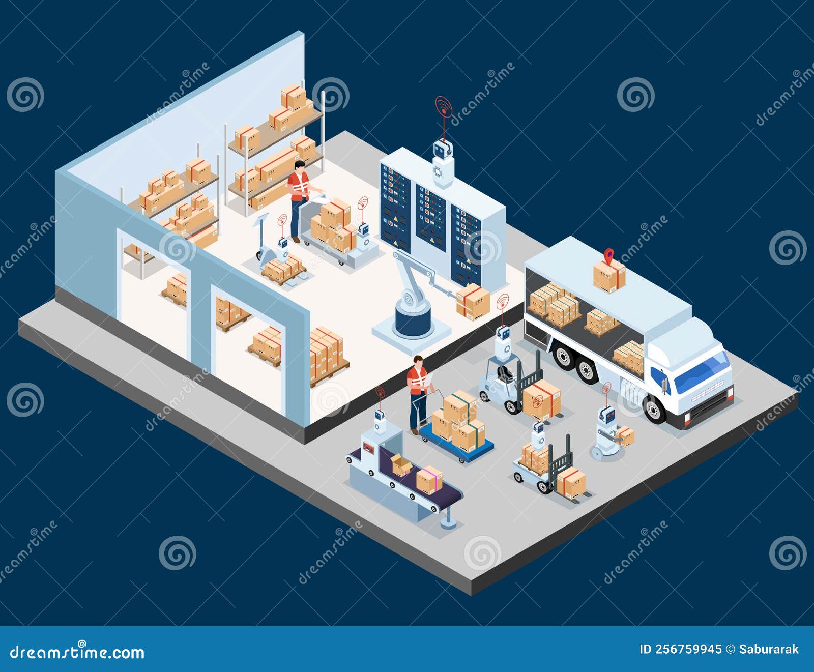 3D Isometric Smart Logistics Concept with Warehouse Logistic, Workers ...
