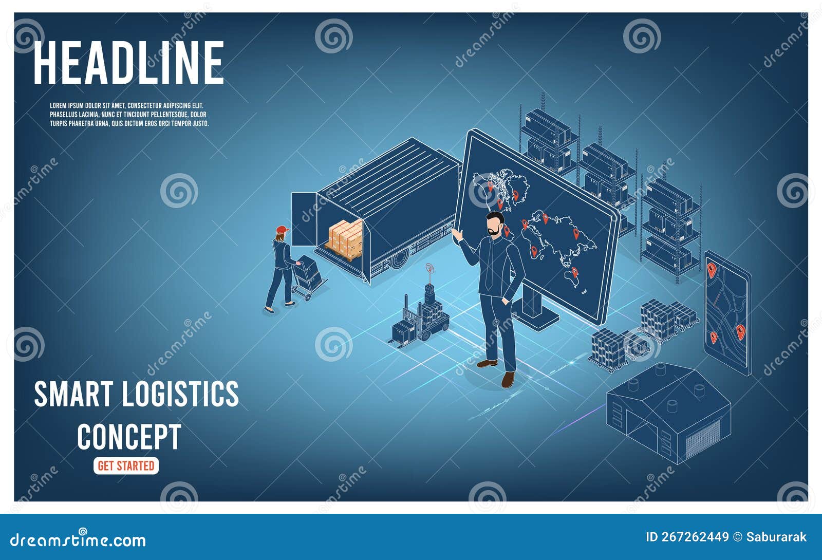 3D Isometric Smart Logistics Concept with Warehouse Logistics and ...