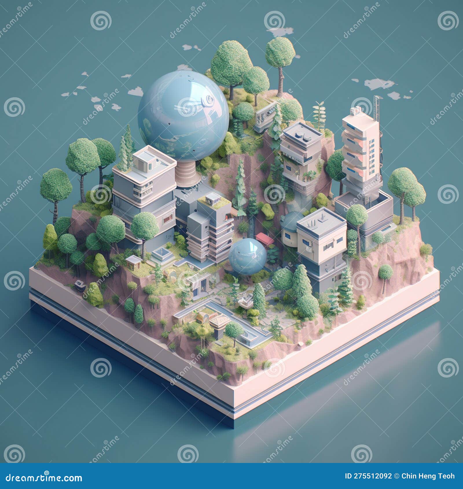 3d Isometric Urban Landscape with Buildings, Trees and a Globe ...