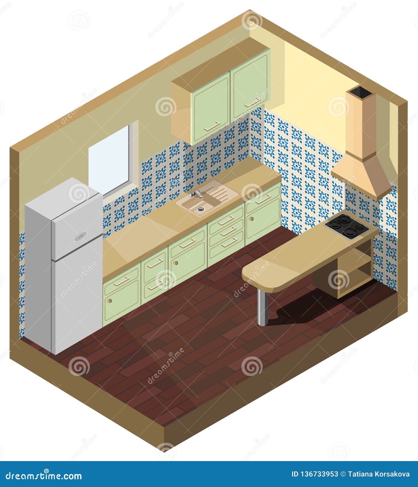 3d Isometric Vector Illustration Interior Kitchen Green Facade Stock ...