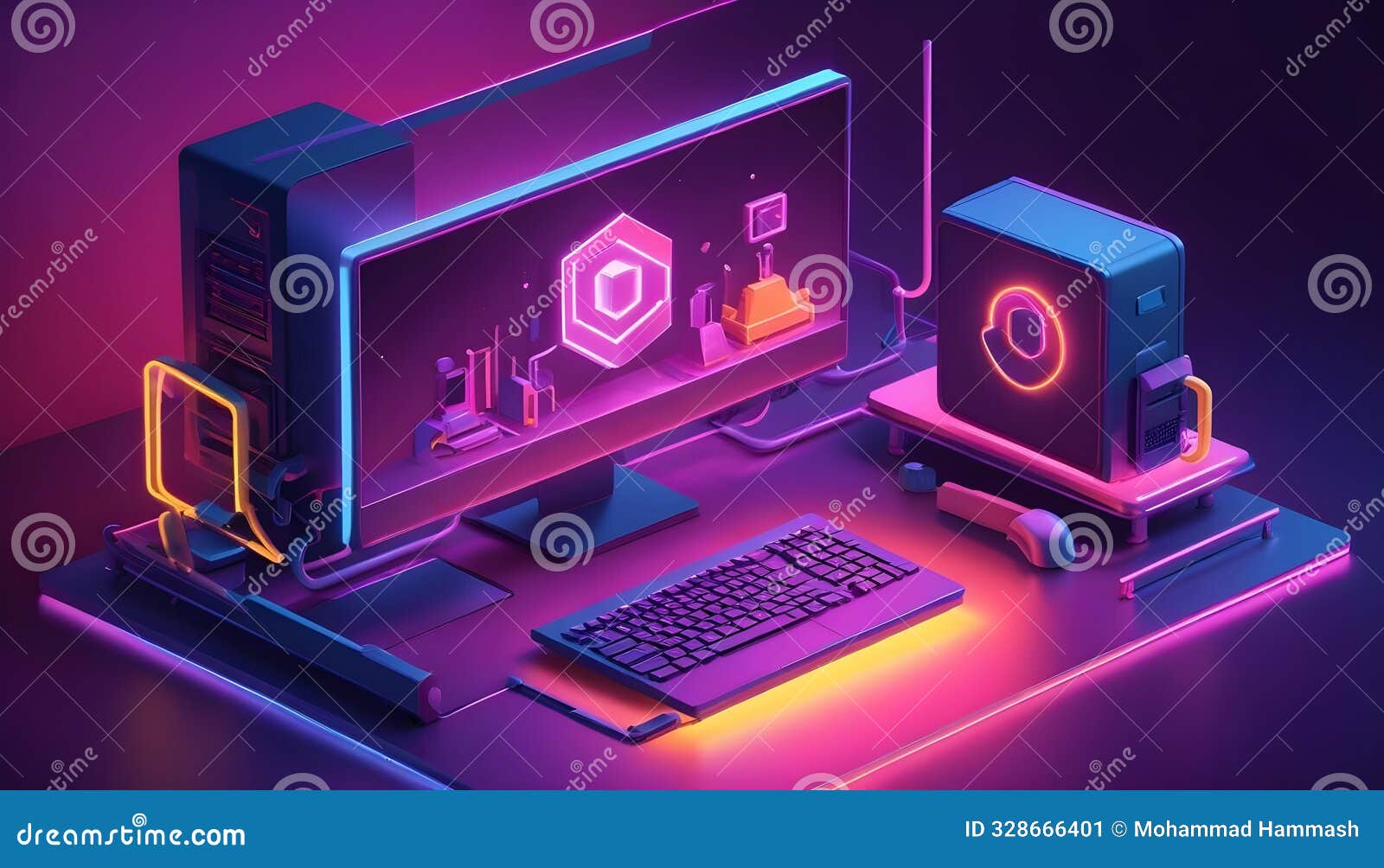 A 3D Isometric View of a Computer Setup with a Glowing Hex-shaped Logo ...