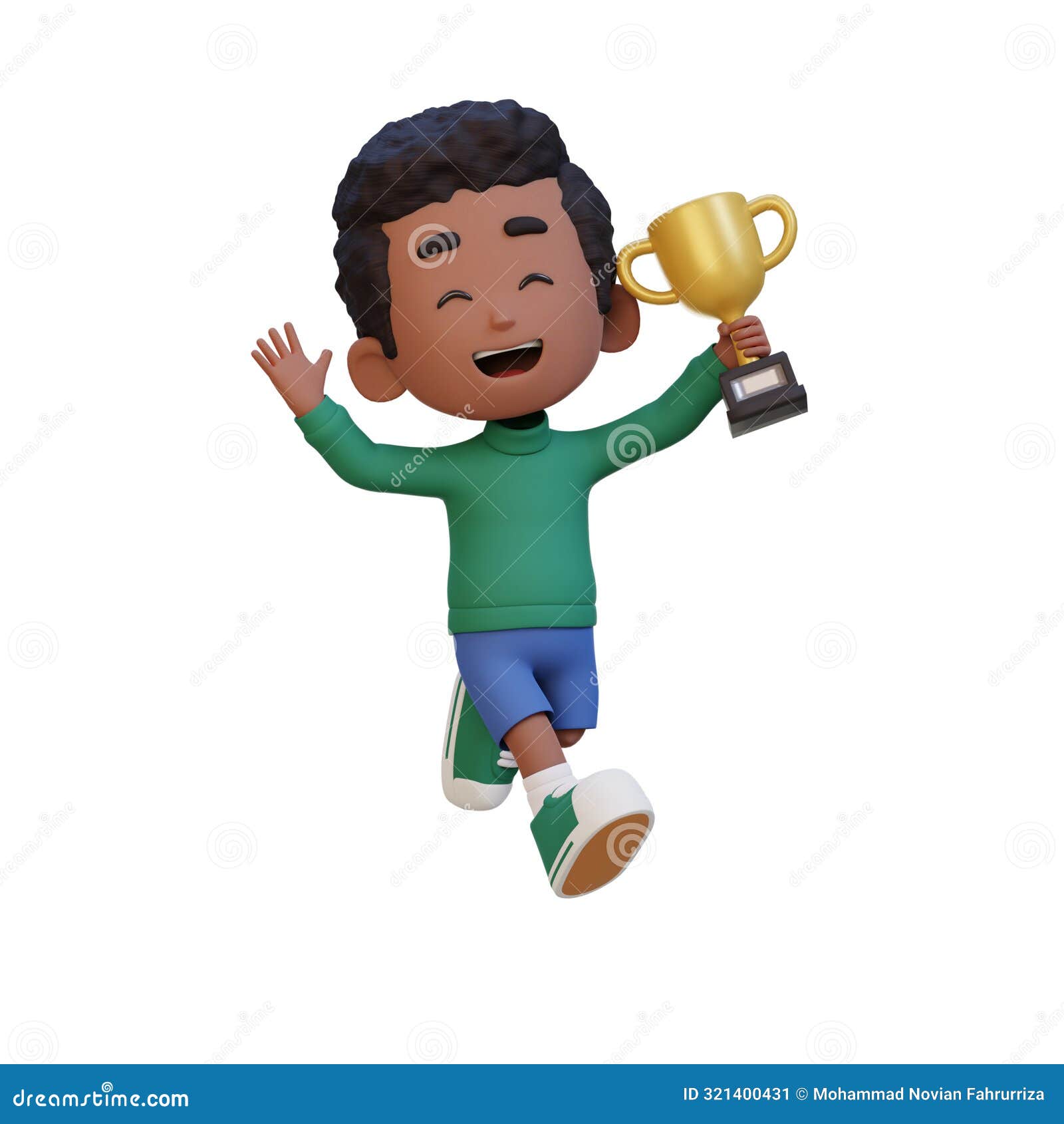3D Kid Character Celebrating Win Holding a Trophy Stock Illustration ...