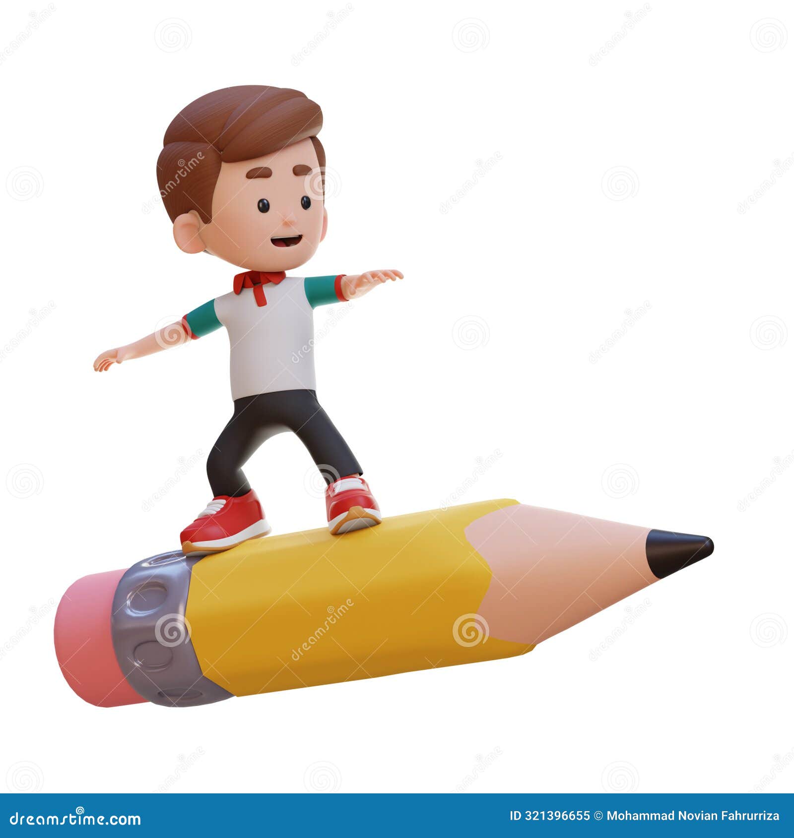 3D Kid Character Standing Riding a Pencil Stock Image - Illustration of ...