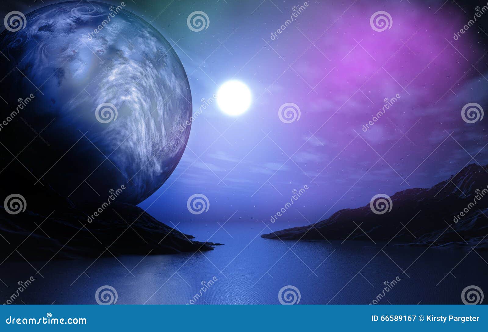 3D Landscape with Planet Over Lake Stock Illustration - Illustration of ...
