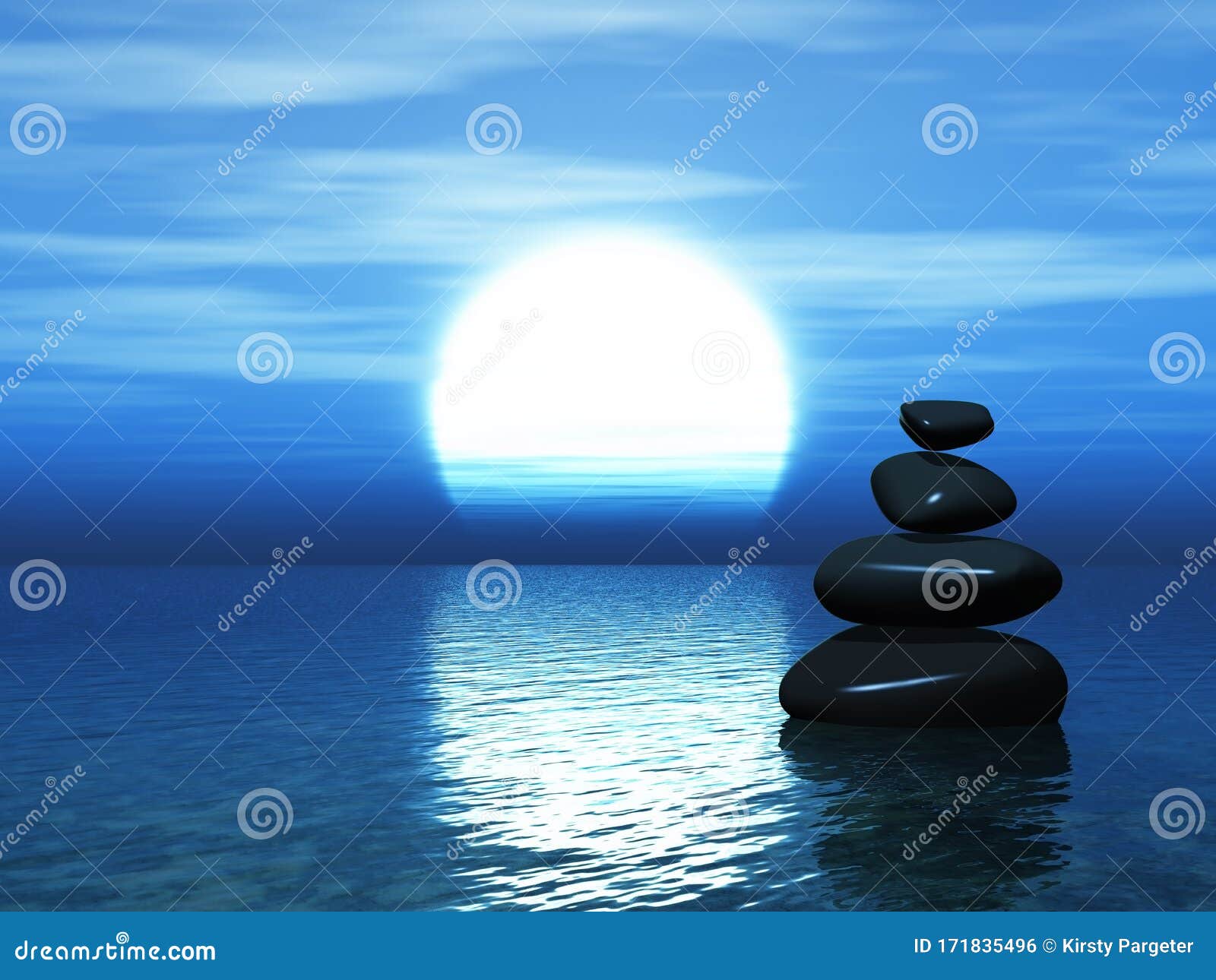 3D Landscape with Stacked Pebbles in Sunset Ocean Stock Illustration ...