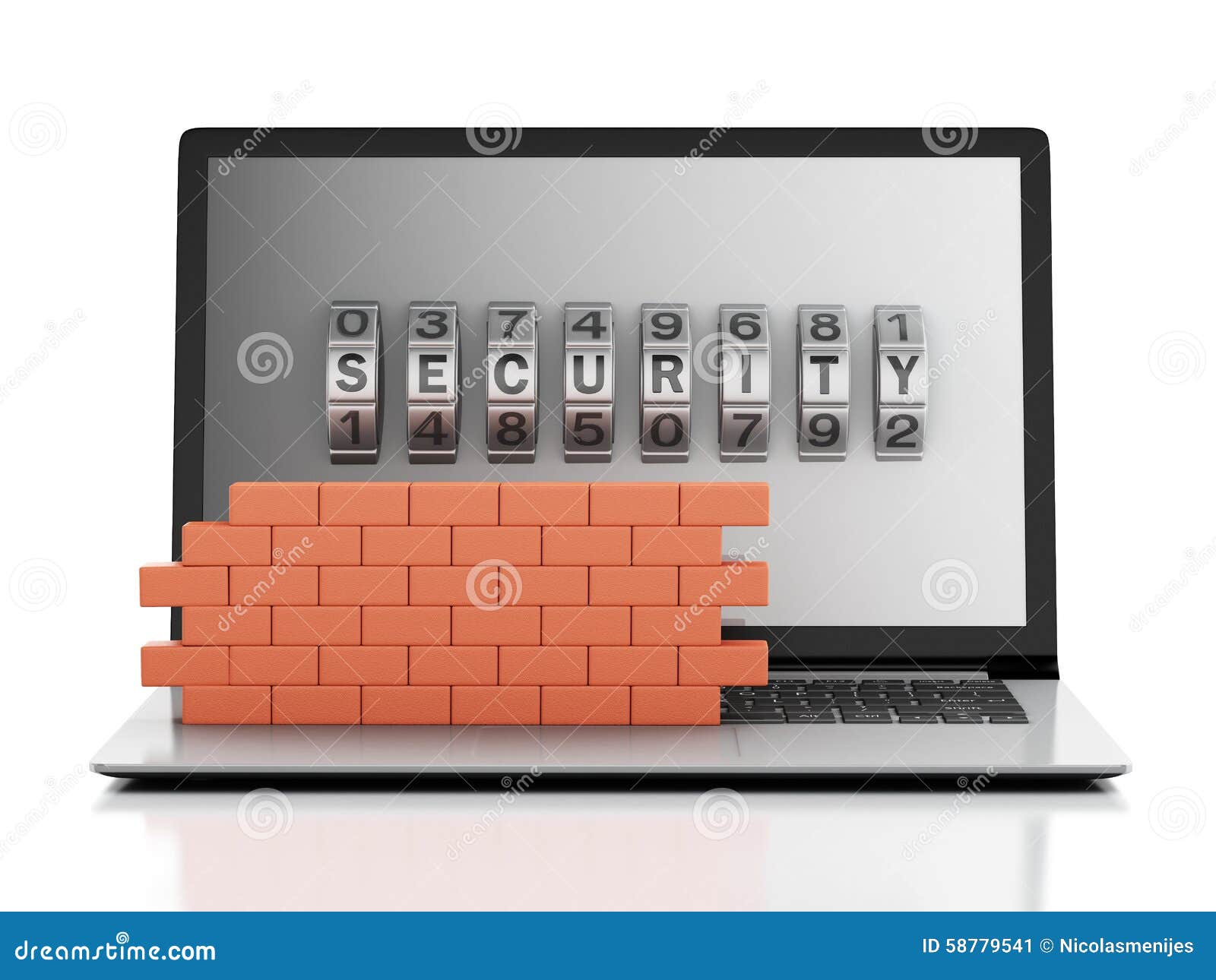 3d Laptop with Combination Lock and Brick Wall. Firewall Concept Stock ...