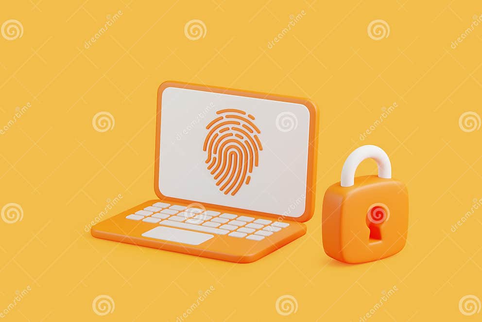 3D Laptop with Fingerprint Authentication and Lock Stock Illustration ...