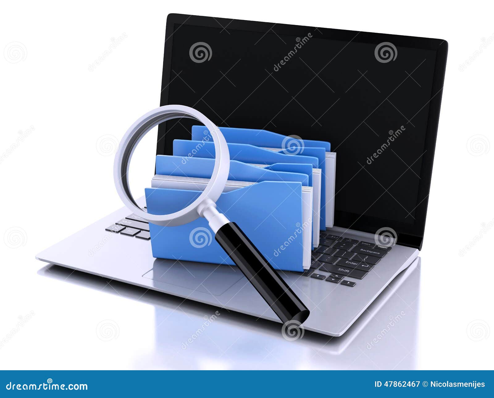 3d Laptop, Magnifying Glass and Computer Files Stock Illustration ...