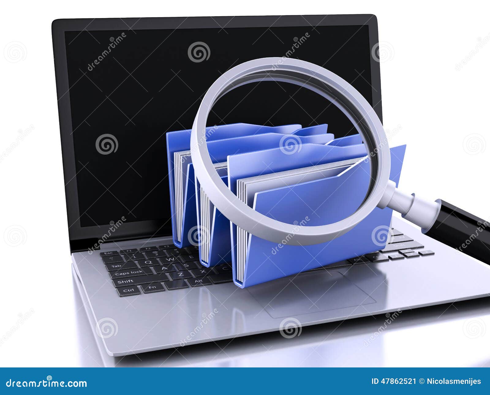 3d Laptop, Magnifying Glass and Computer Files Stock Illustration ...