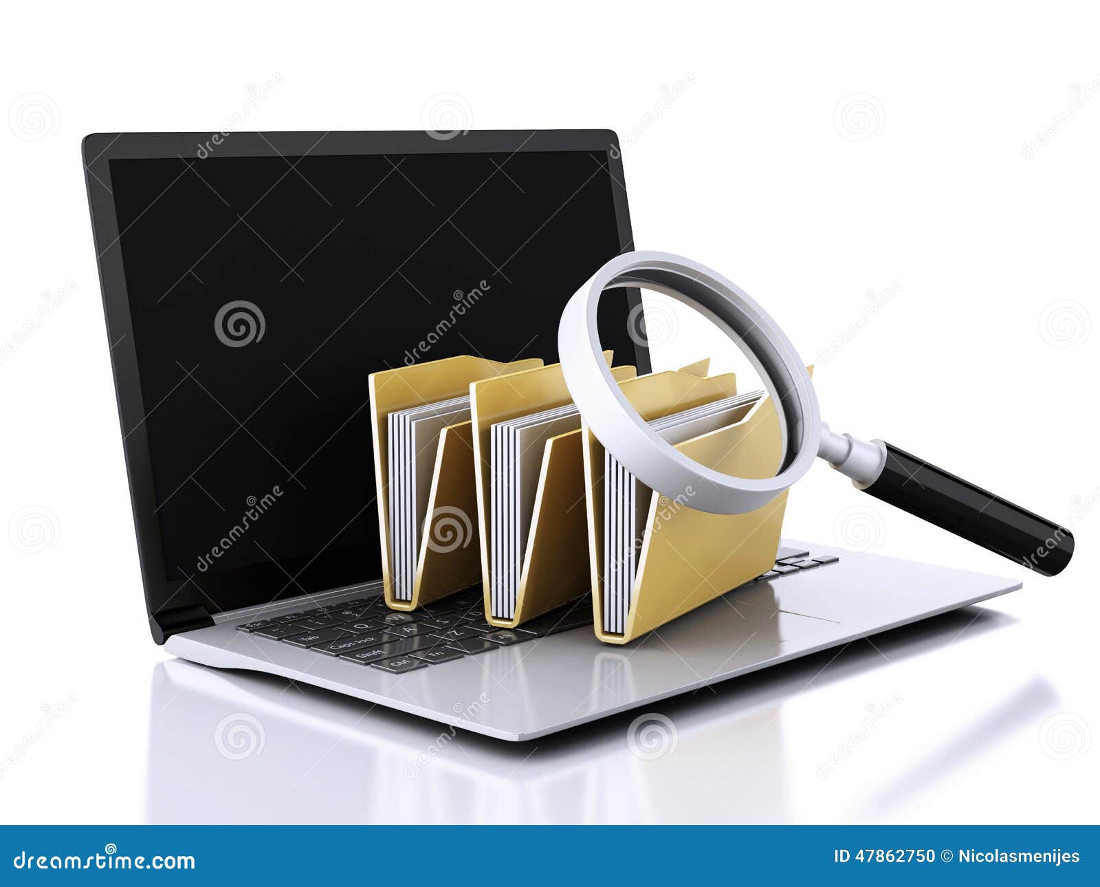 3d Laptop, Magnifying Glass and Computer Files Stock Illustration ...