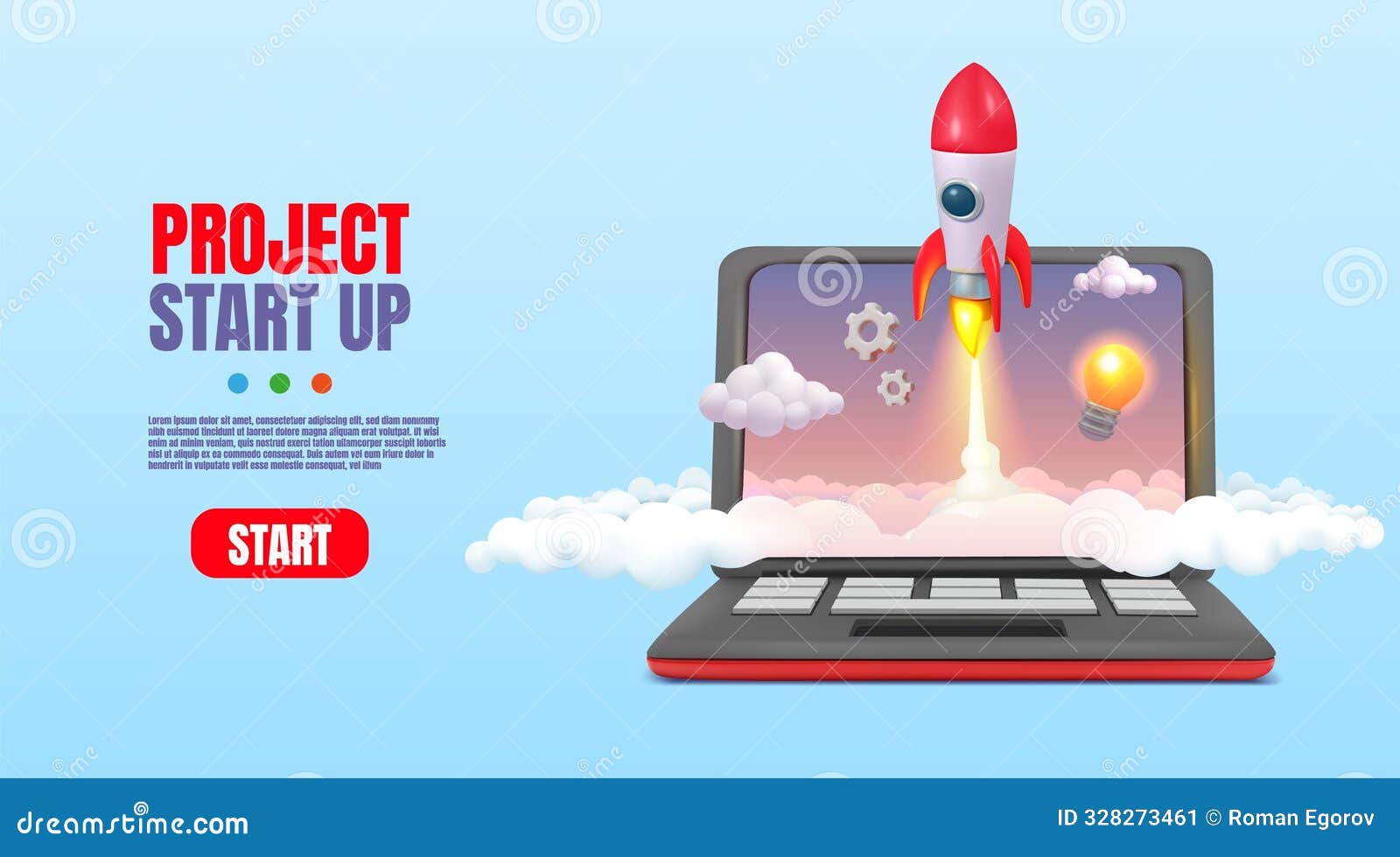 3d Laptop. Rocket Launch on Screen, Business Startup Start Banner for ...